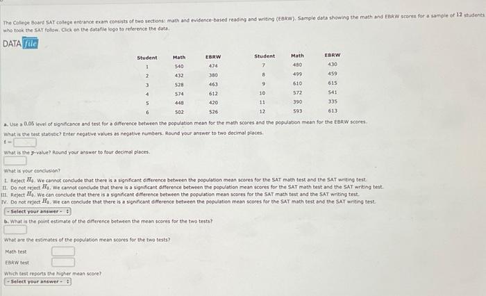 Solved The College Board SAT college entrance exam consists | Chegg.com