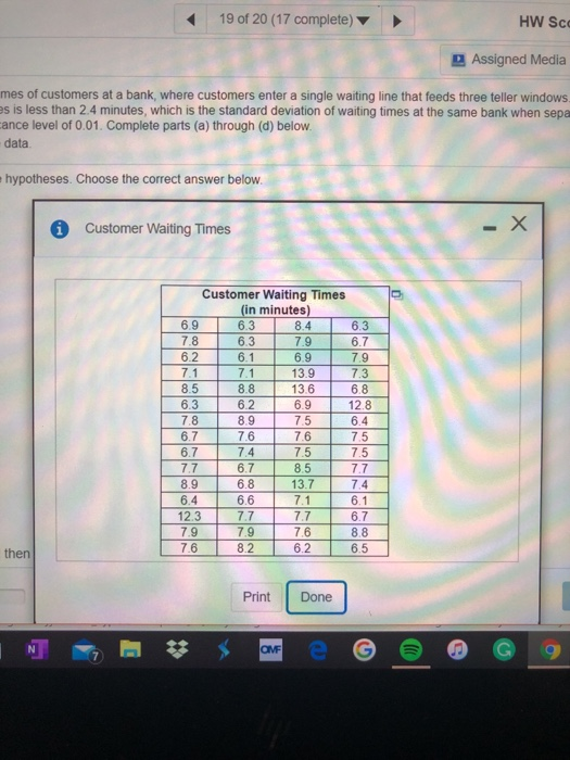 Solved The data table contains waiting times of customers at | Chegg.com