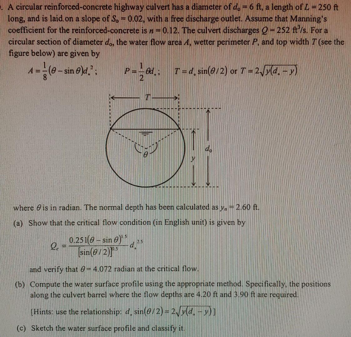 Solved A circular reinforced-concrete highway culvert has a | Chegg.com