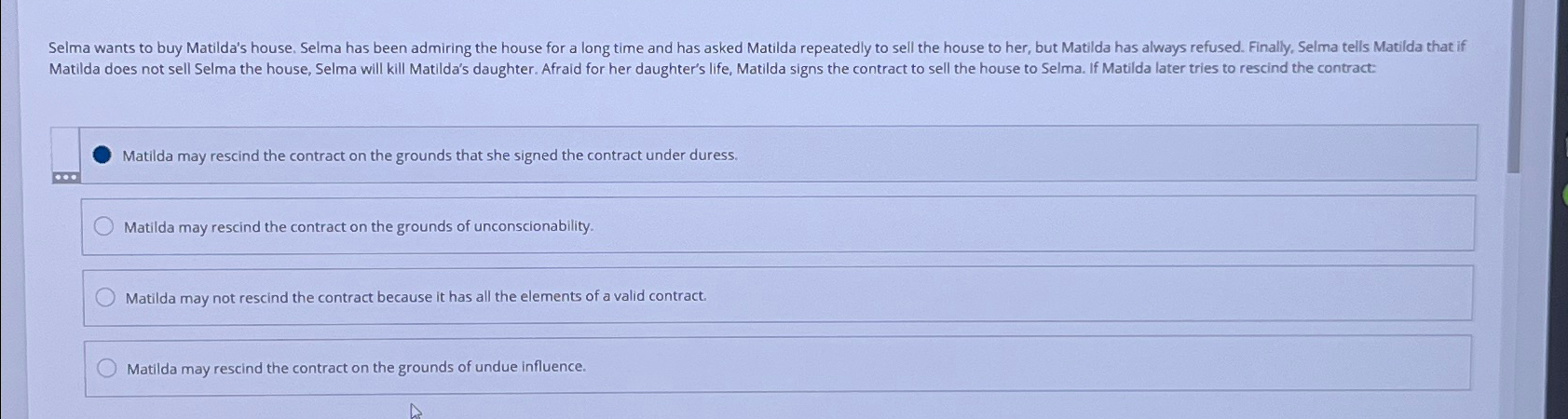 Solved Matilda may rescind the contract on the grounds that | Chegg.com