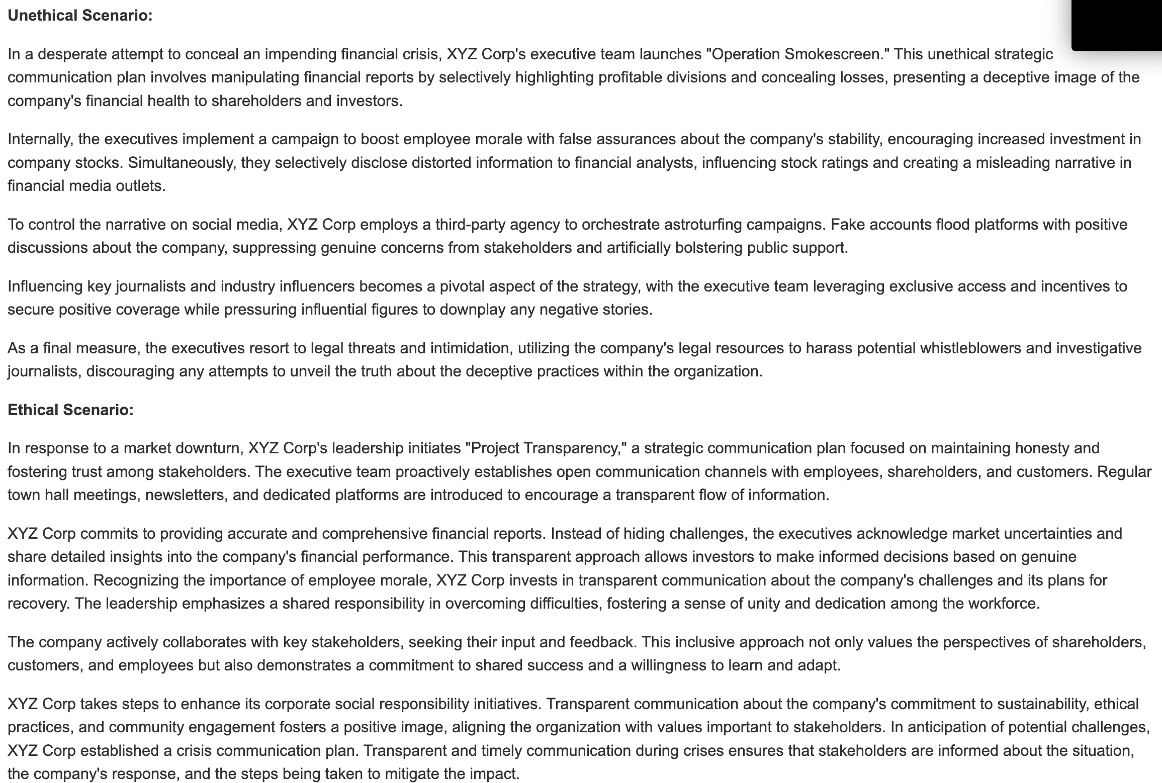 Solved for the unethical Scenario:What makes this scenario | Chegg.com