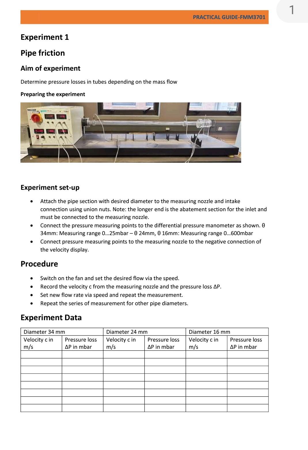 Experiment 1 Pipe friction Aim of experiment | Chegg.com