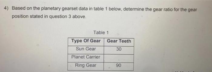4) Based on the planetary gearset data in table 1 | Chegg.com