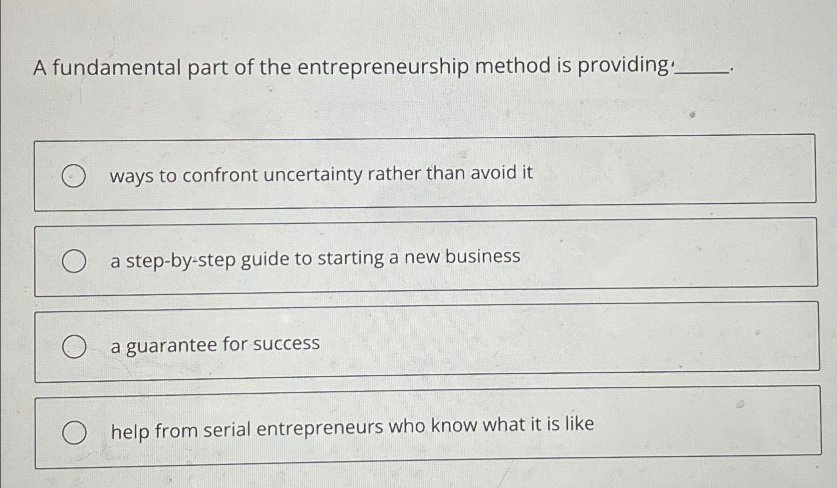 Solved A fundamental part of the entrepreneurship method is | Chegg.com