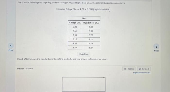 Solved Estimated College GPA =1.75+0.2648( High School GPA | Chegg.com