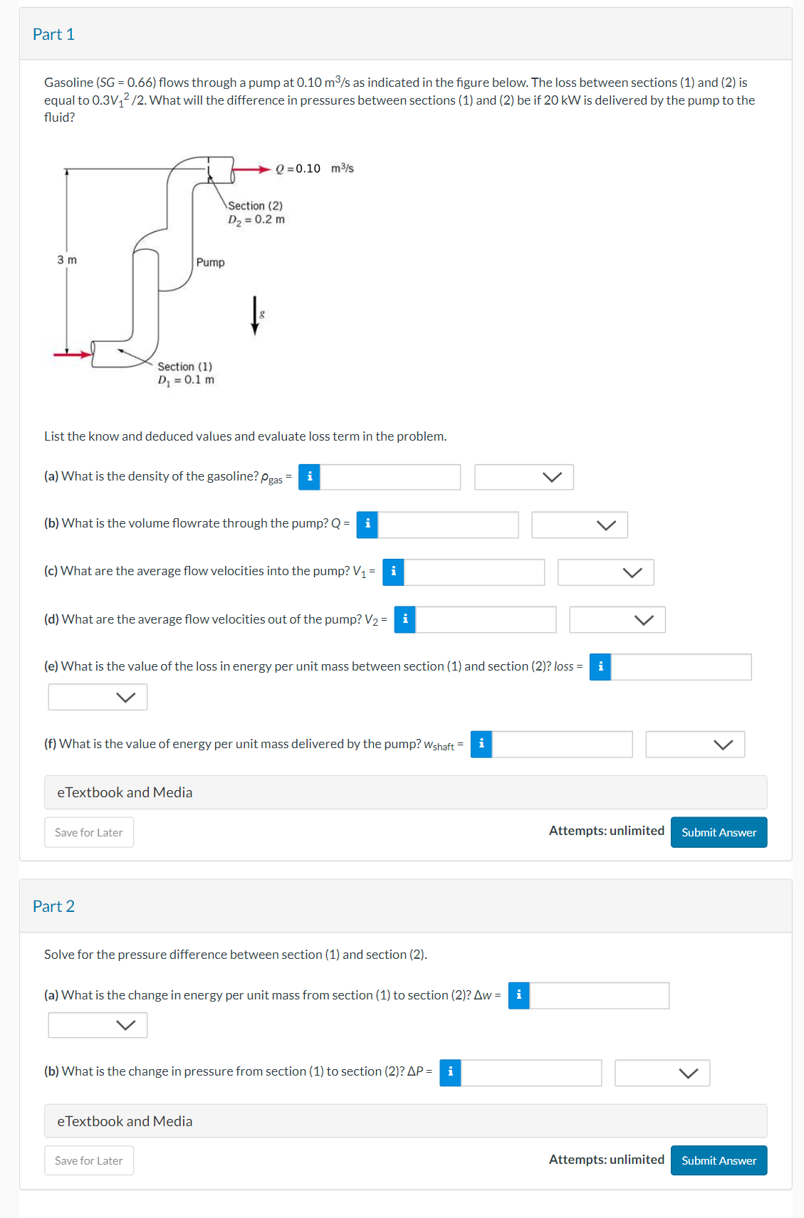 Solved Part 1Gasoline ) ﻿flows through a pump at 0.10m3s | Chegg.com