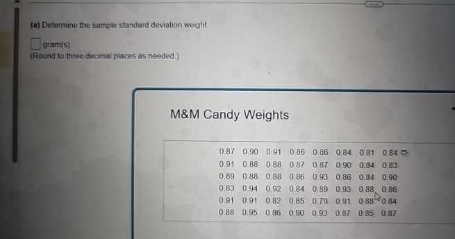 Solved (a) ﻿Determine the sample standard deviation weight | Chegg.com