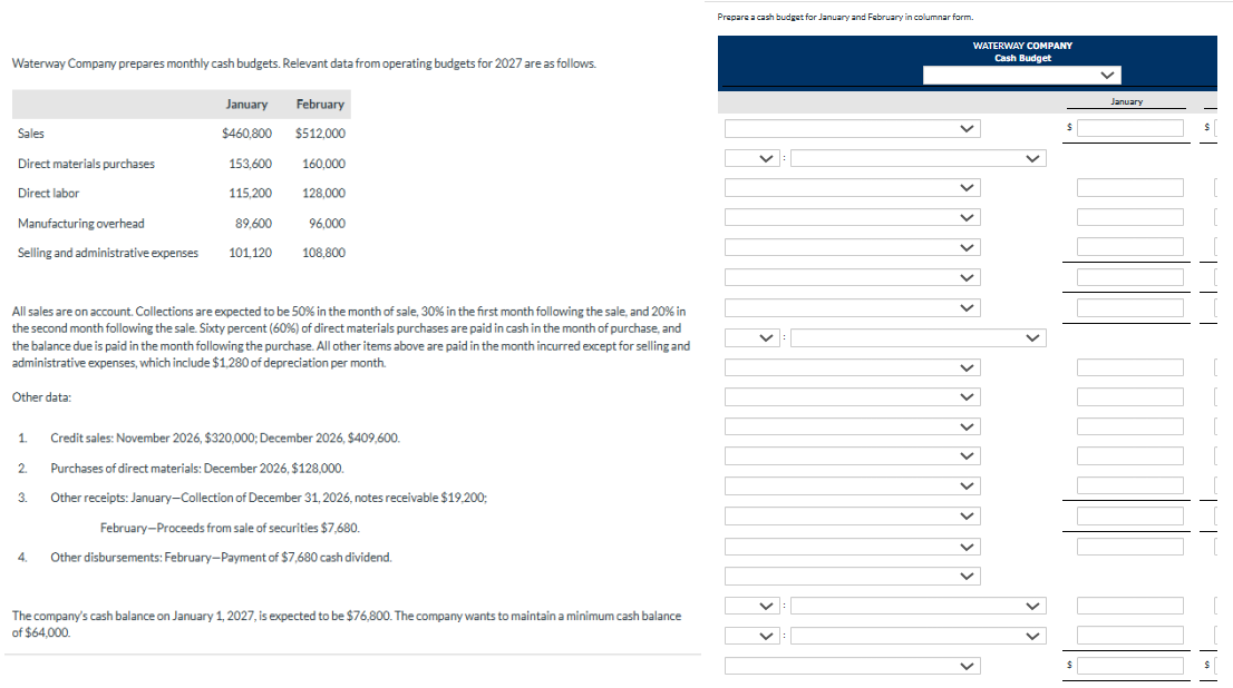 Solved wateray company prepares monthly cash budgets. | Chegg.com