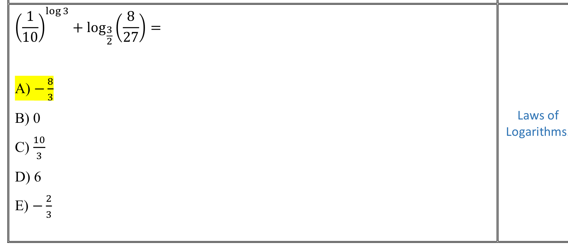 Solved (110)log3+log32(827)=A) -83B) 0Laws | Chegg.com