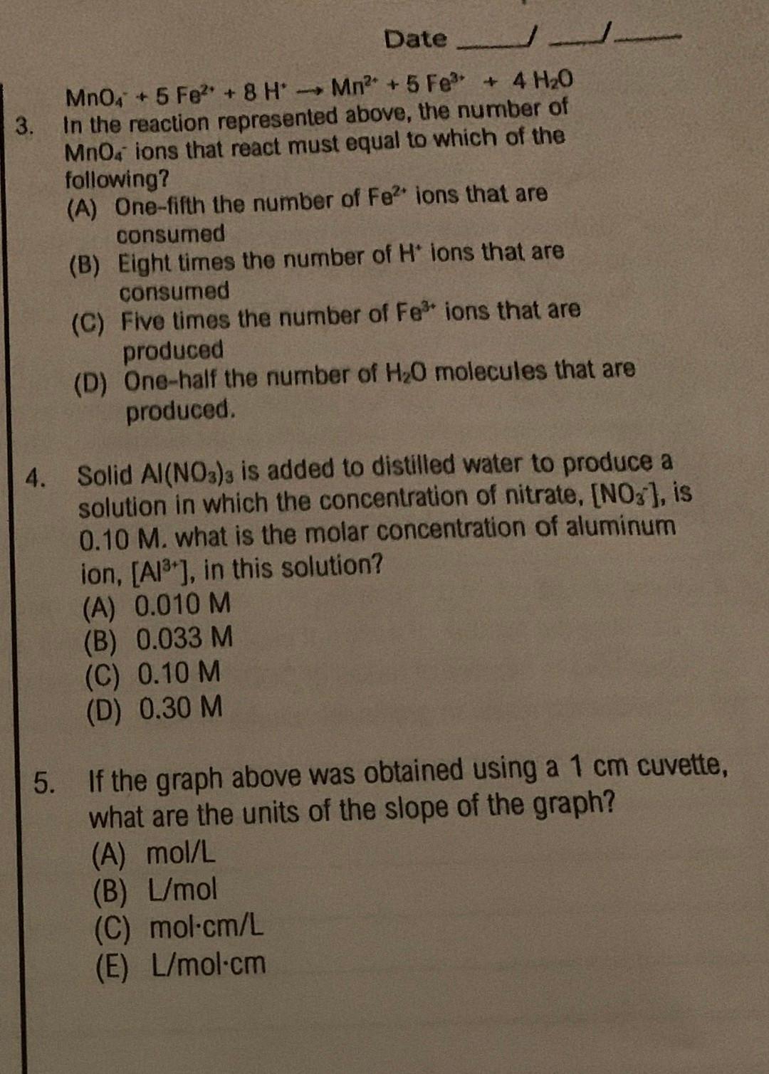 Solved MnO4+5Fe2++8H∗→Mn2++5Fe3++4H2O 3. In the reaction | Chegg.com