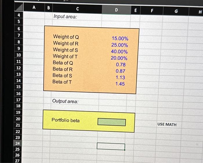 Solved Output area: Portfolio beta USE MATHQuestion 11. | Chegg.com