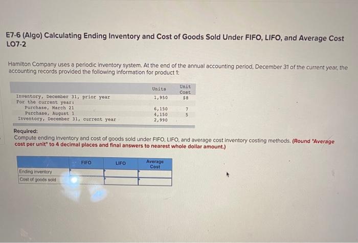 Solved E7-6 (Algo) Calculating Ending Inventory and Cost of | Chegg.com