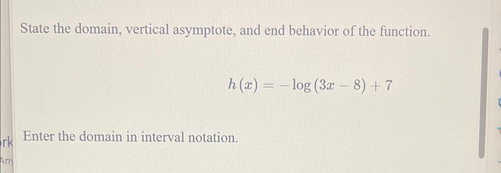 Solved State the domain, vertical asymptote, and end | Chegg.com
