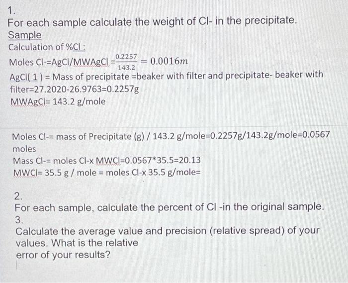 1. For each sample calculate the weight of Cl- in the | Chegg.com