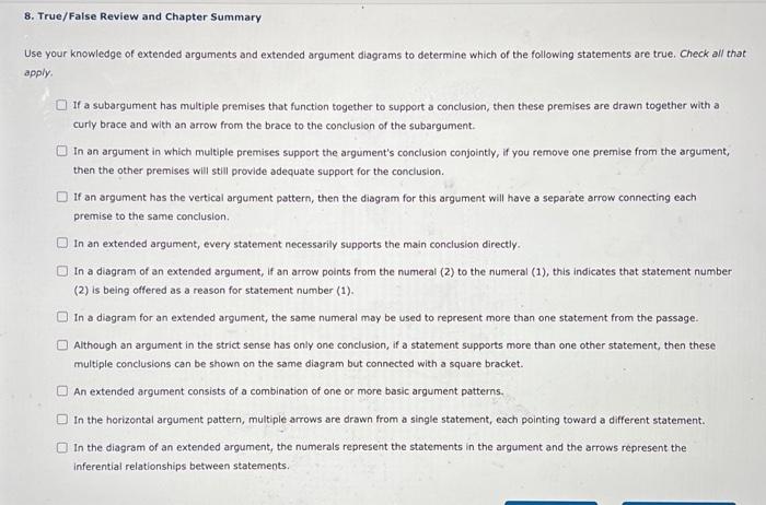 Solved 8. True/False Review and Chapter Summary Use your | Chegg.com