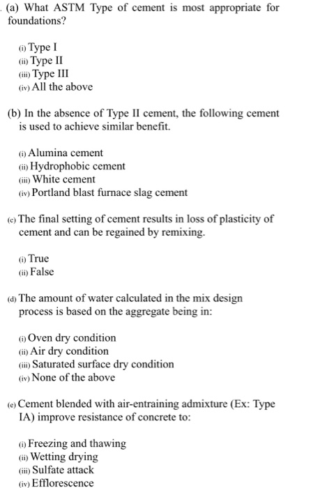 Solved (a) What ASTM Type of cement is most appropriate for | Chegg.com