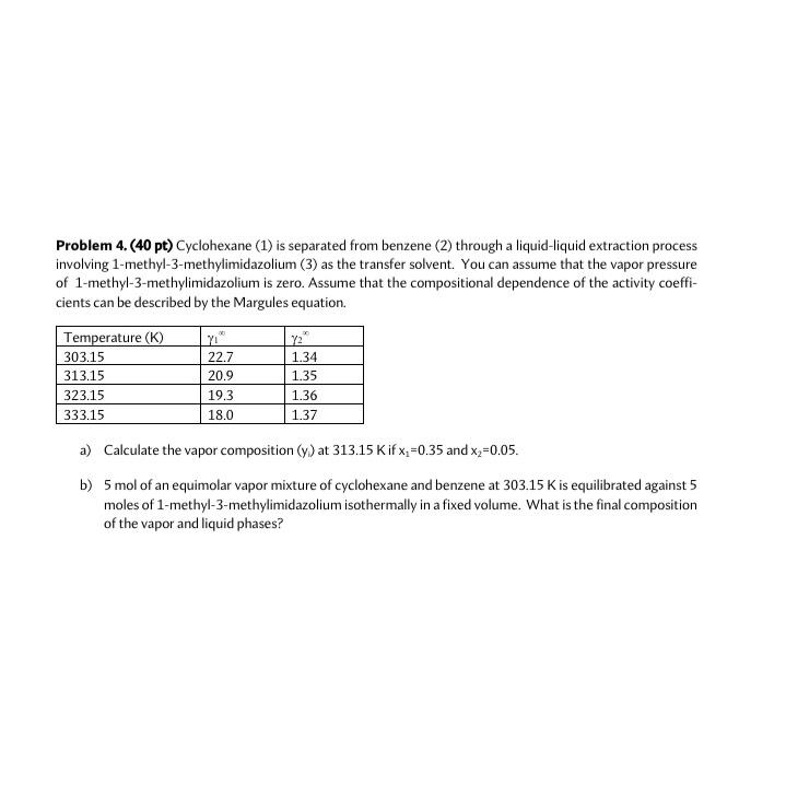 Solved Problem 4. (40 ﻿pt) ﻿Cyclohexane (1) ﻿is separated | Chegg.com
