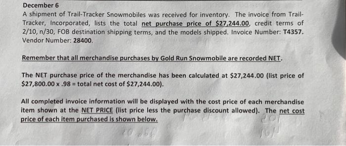 Solved December 6 A shipment of Trail-Tracker Snowmobiles | Chegg.com
