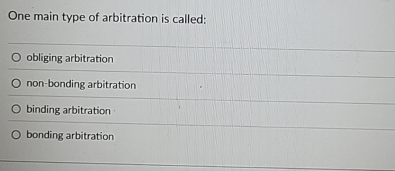 Solved One main type of arbitration is called:obliging | Chegg.com