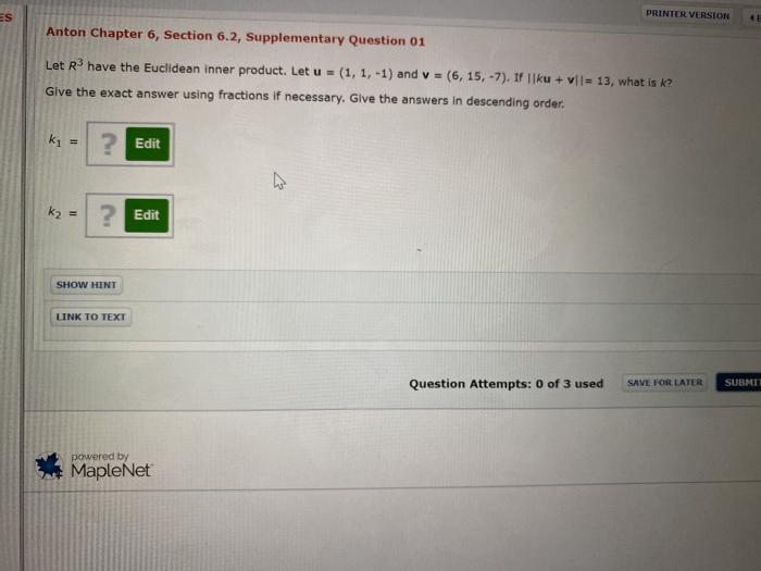 Solved ES PRINTER VERSION Anton Chapter 6, Section 6.2, | Chegg.com
