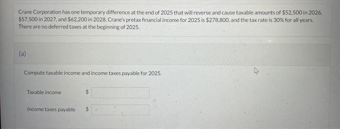 Crane Corporation has one temporary difference at the | Chegg.com