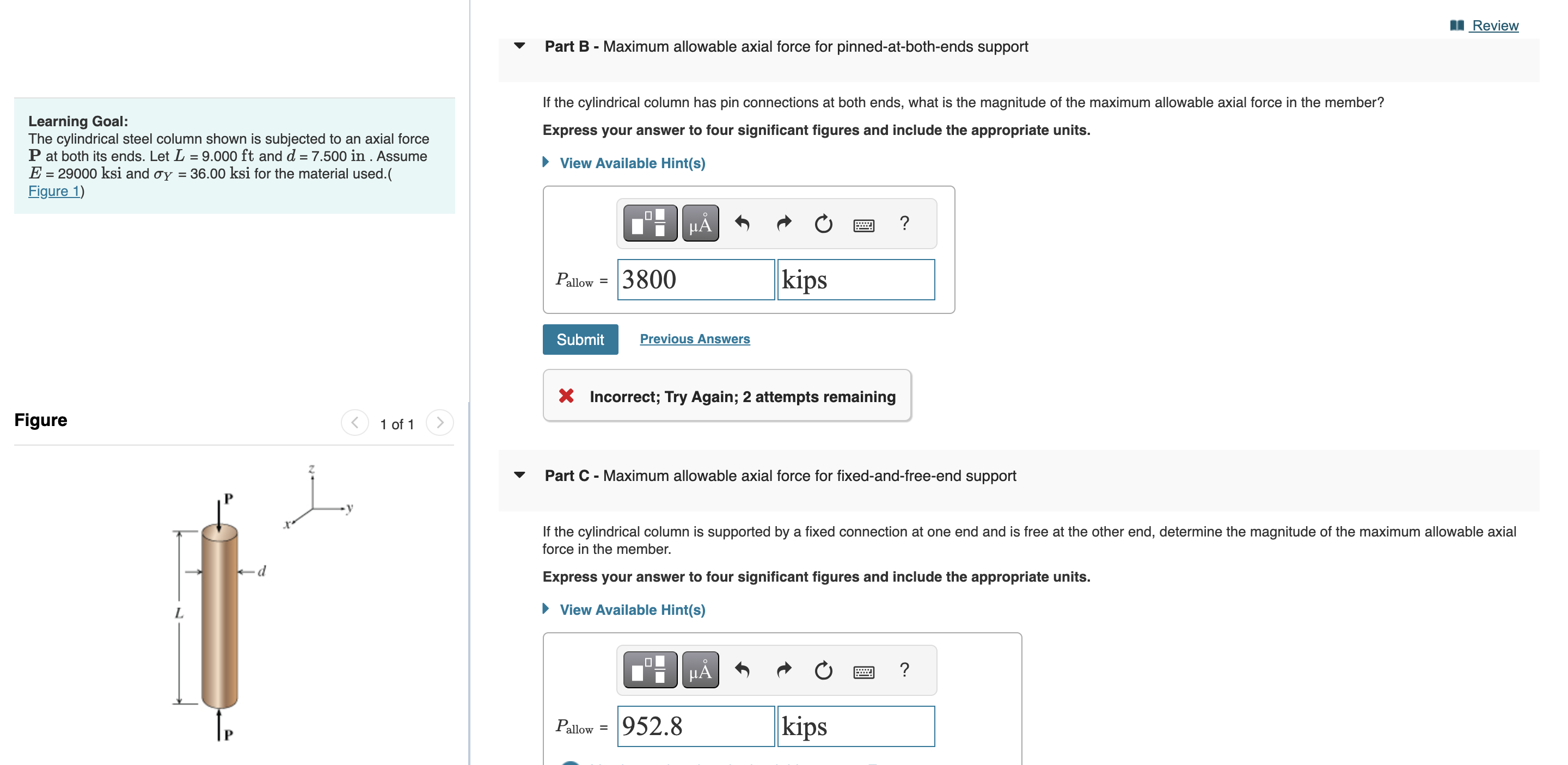Solved Learning Goal:The cylindrical steel column shown is | Chegg.com