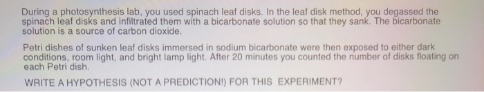 Solved During a photosynthesis lab, you used spinach leaf | Chegg.com