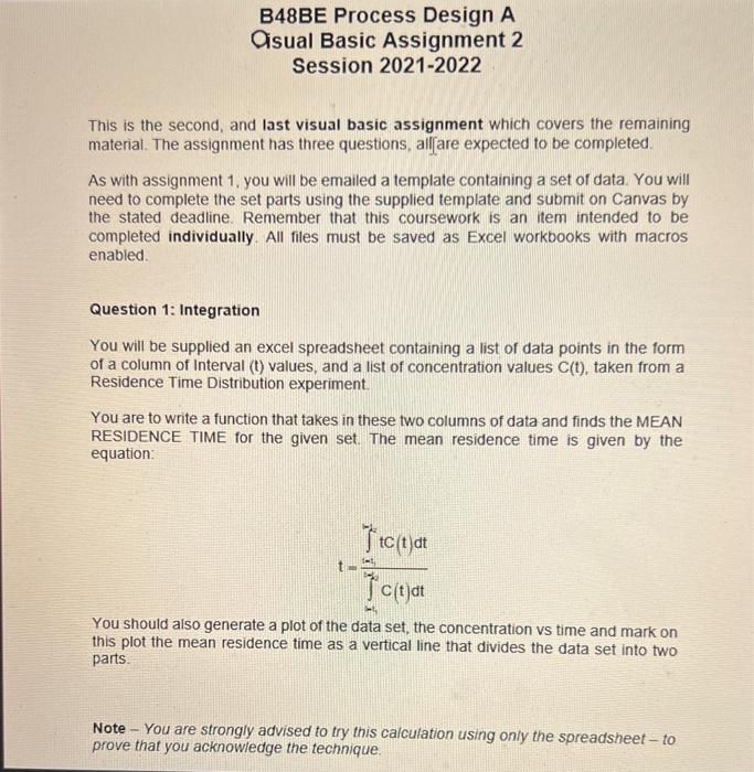 B48BE Process Design A Gisual Basic Assignment 2 | Chegg.com