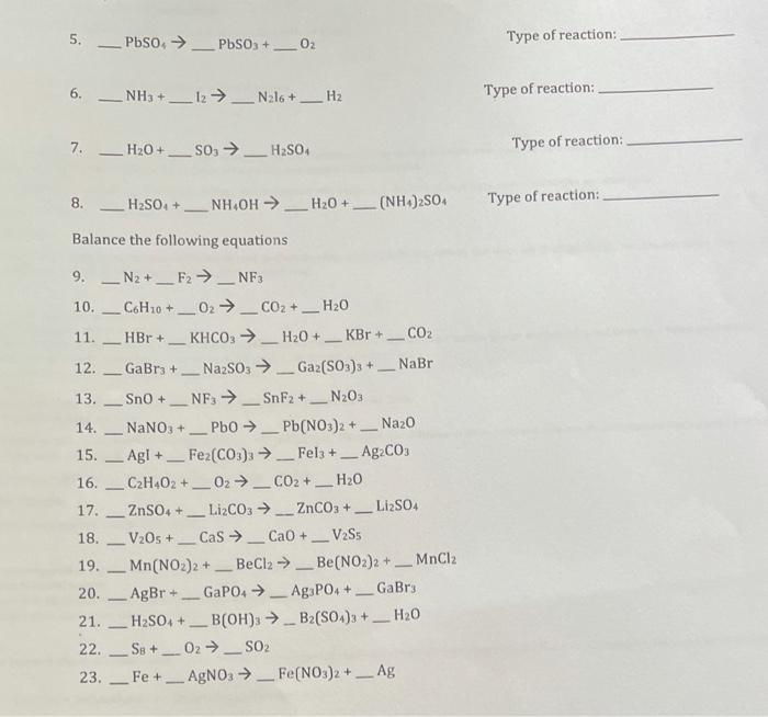 Solved 5. PbSO - PbSO3 + ___02 Type of reaction: 6. - NH3 + | Chegg.com