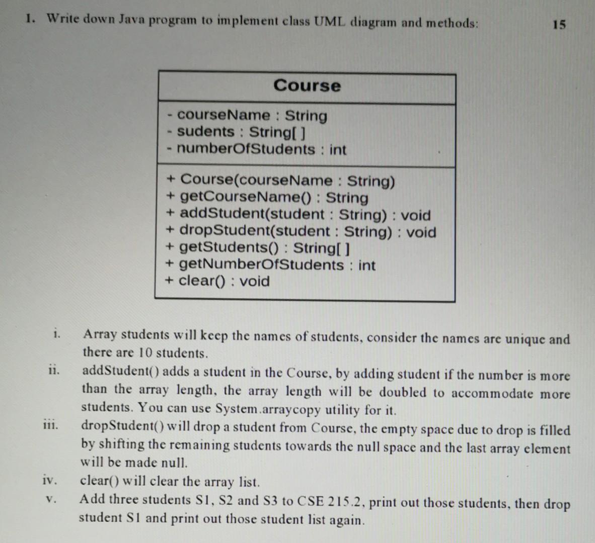 Solved 1. Write down Java program to implement class UML | Chegg.com