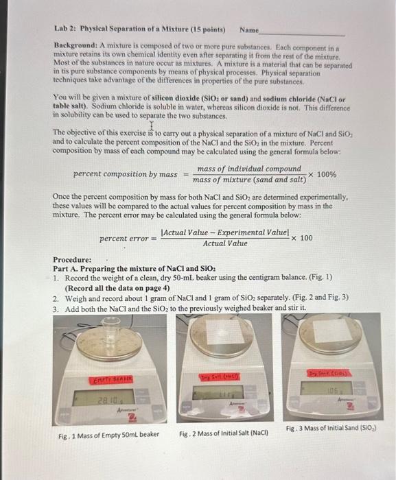 Lab 2: Physical Separation of a Misture (15 points) | Chegg.com
