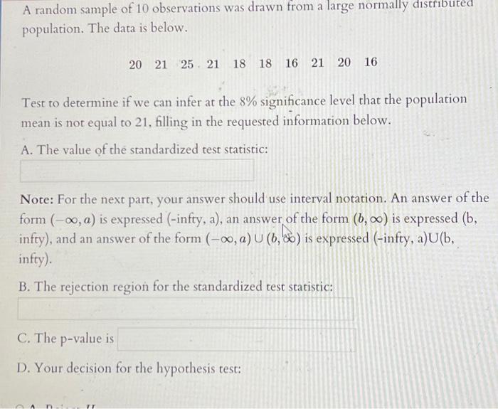 Solved A random sample of 10 observations was drawn from a | Chegg.com