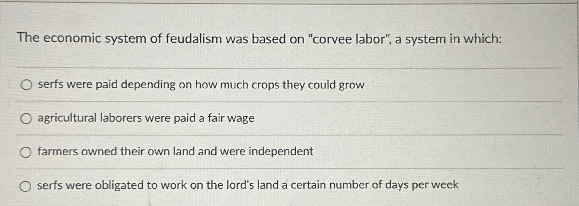 The economic system of feudalism was based on "corvee | Chegg.com
