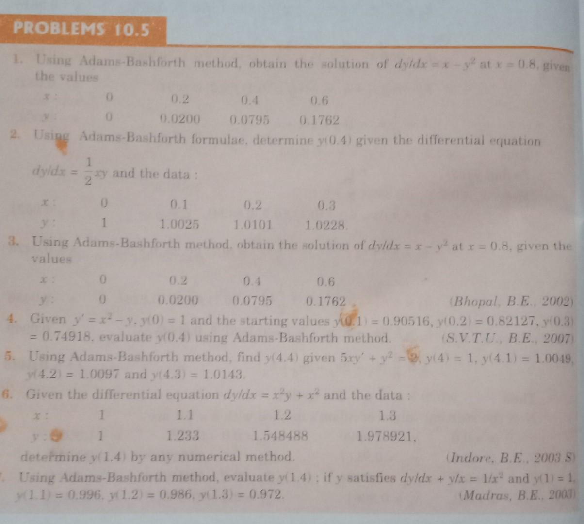 Solved PROBLEMS 10.5 1. Using Adams-Bashforth method, obtain | Chegg.com