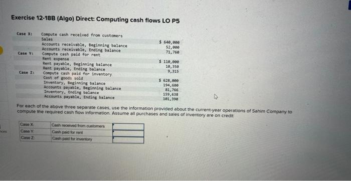 Solved Exercise 12-18B (Algo) Direct: Computing cash flows | Chegg.com