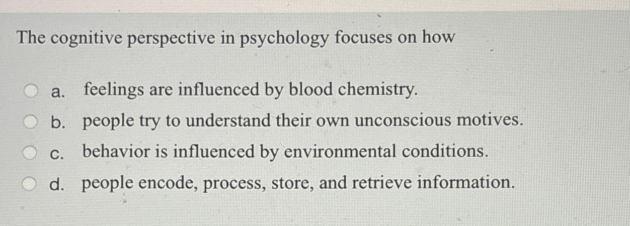 Solved The cognitive perspective in psychology focuses on | Chegg.com