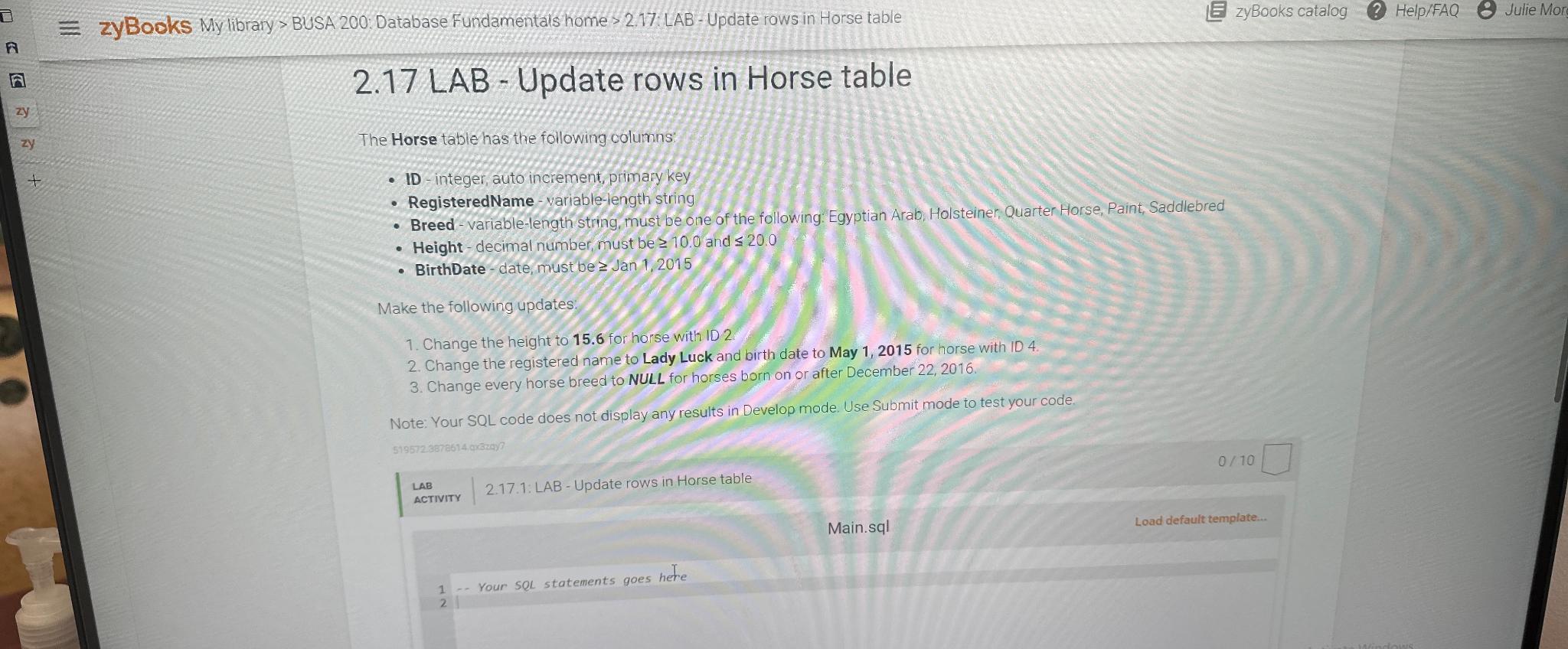 Solved 2.17 ﻿LAB - ﻿Update rows in Horse tableThe Horse | Chegg.com