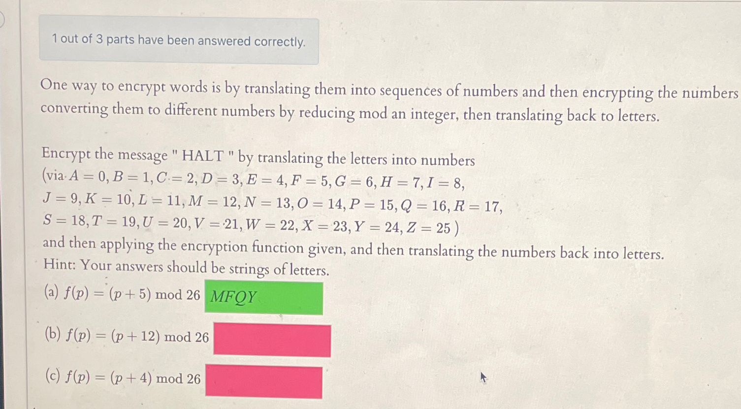 Solved 1 ﻿out of 3 ﻿parts have been answered correctly.One | Chegg.com