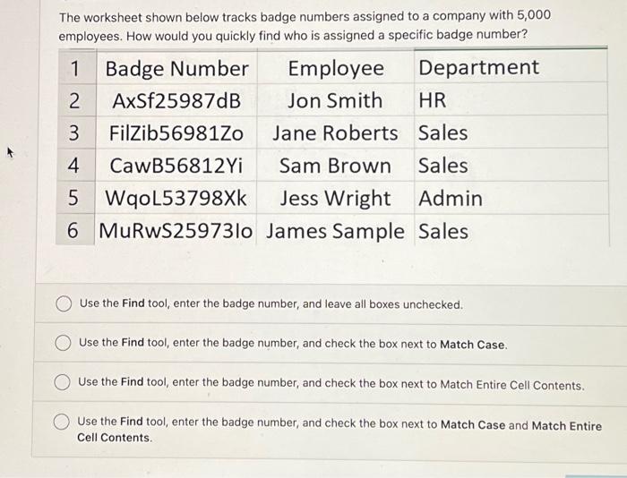 Solved The worksheet shown below tracks badge numbers | Chegg.com