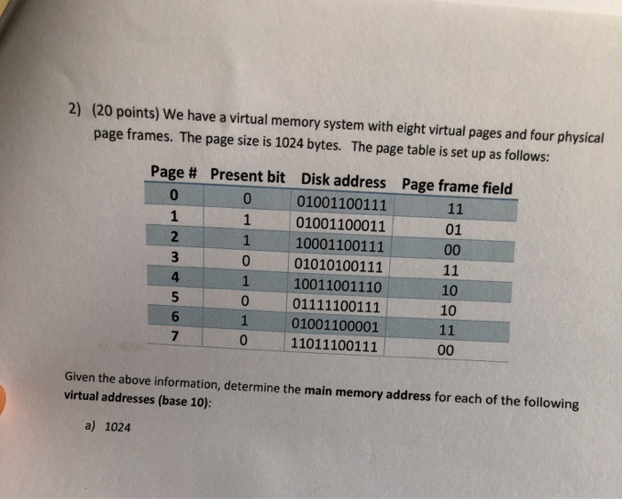 Solved 2) (20 points) We have a virtual memory system with | Chegg.com