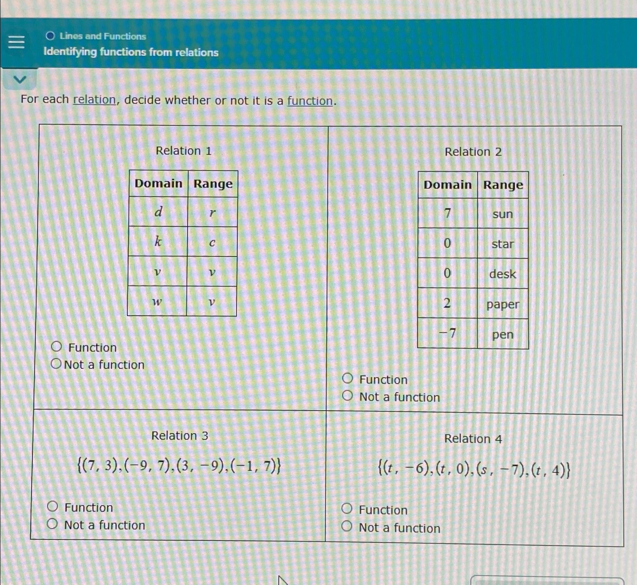 Solved Lines and FunctionsIdentifying functions from | Chegg.com Solved Lines and FunctionsIdentifying functions from | Chegg.com