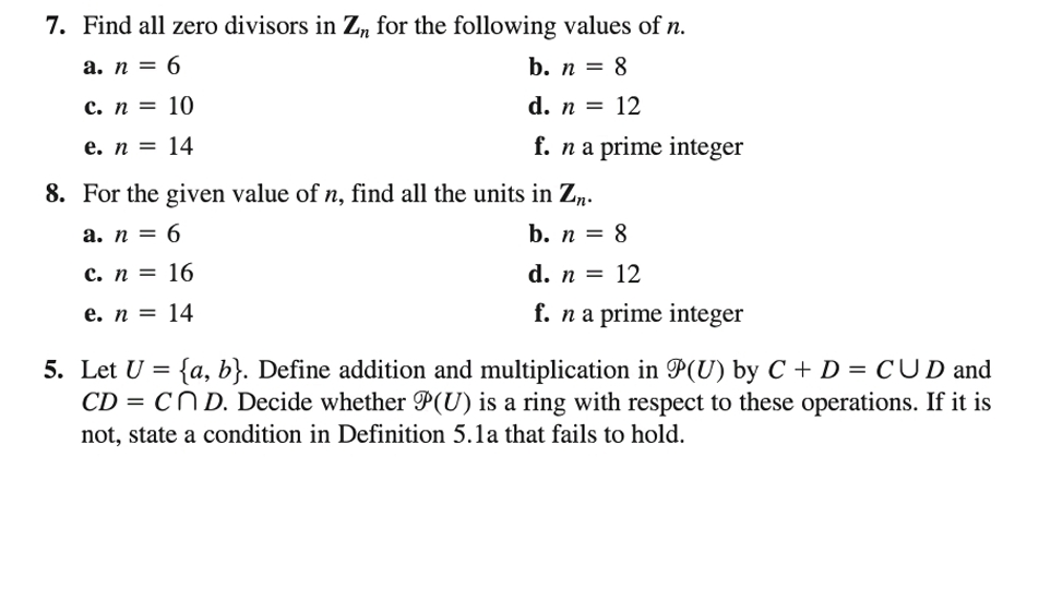Solved Find all zero divisors in Zn ﻿for the following | Chegg.com