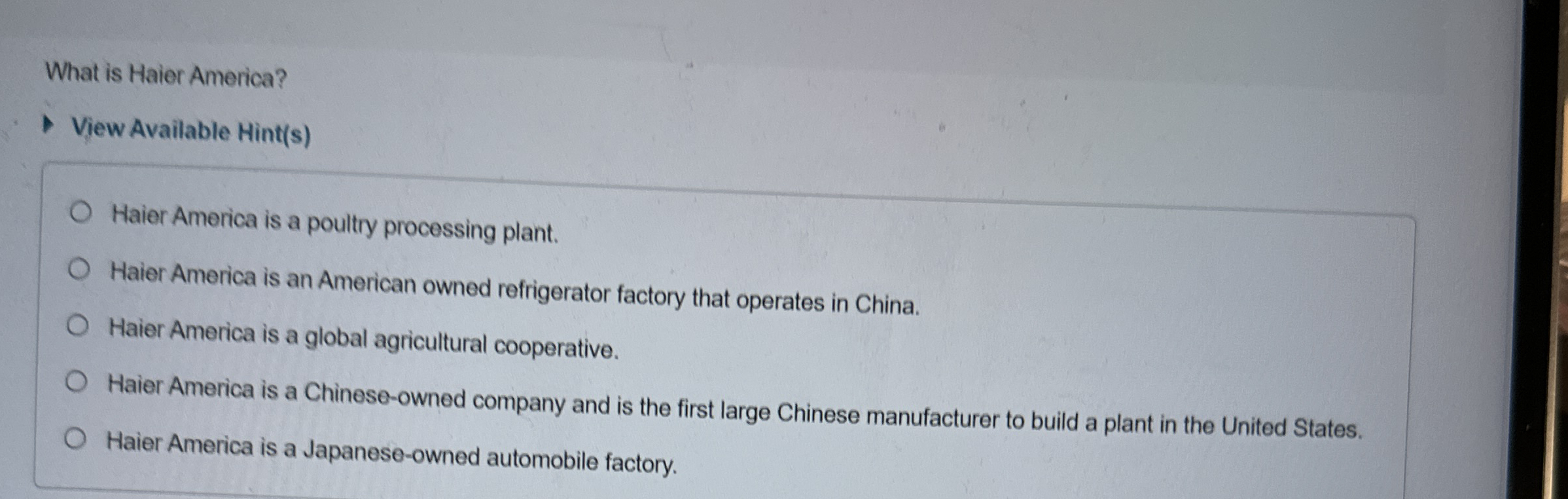 Solved What is Haier America?View Available Hint(s)Haier | Chegg.com