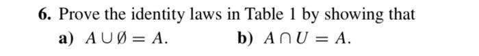 Solved 6. Prove the identity laws in Table 1 by showing that | Chegg.com