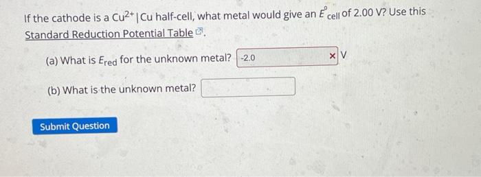 Solved If the cathode is a Cu2+∣Cu half-cell, what metal | Chegg.com