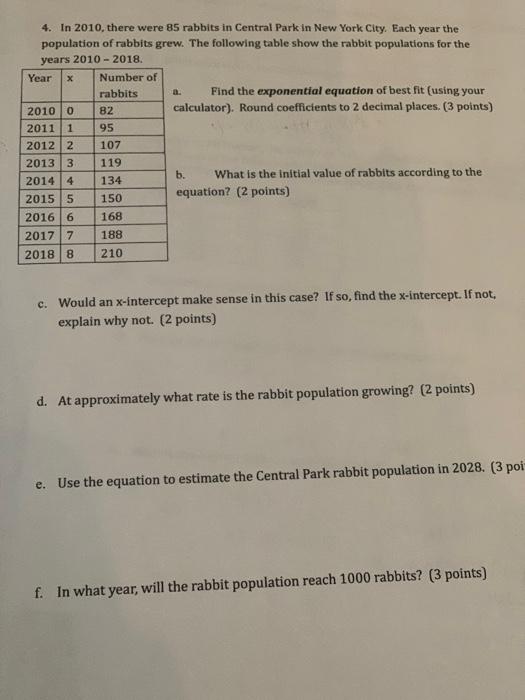 Solved x 4. In 2010, there were 85 rabbits in Central Park | Chegg.com
