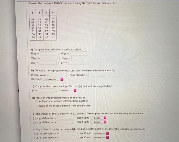 Solved Answer the one-way ANOVA questions using the data | Chegg.com