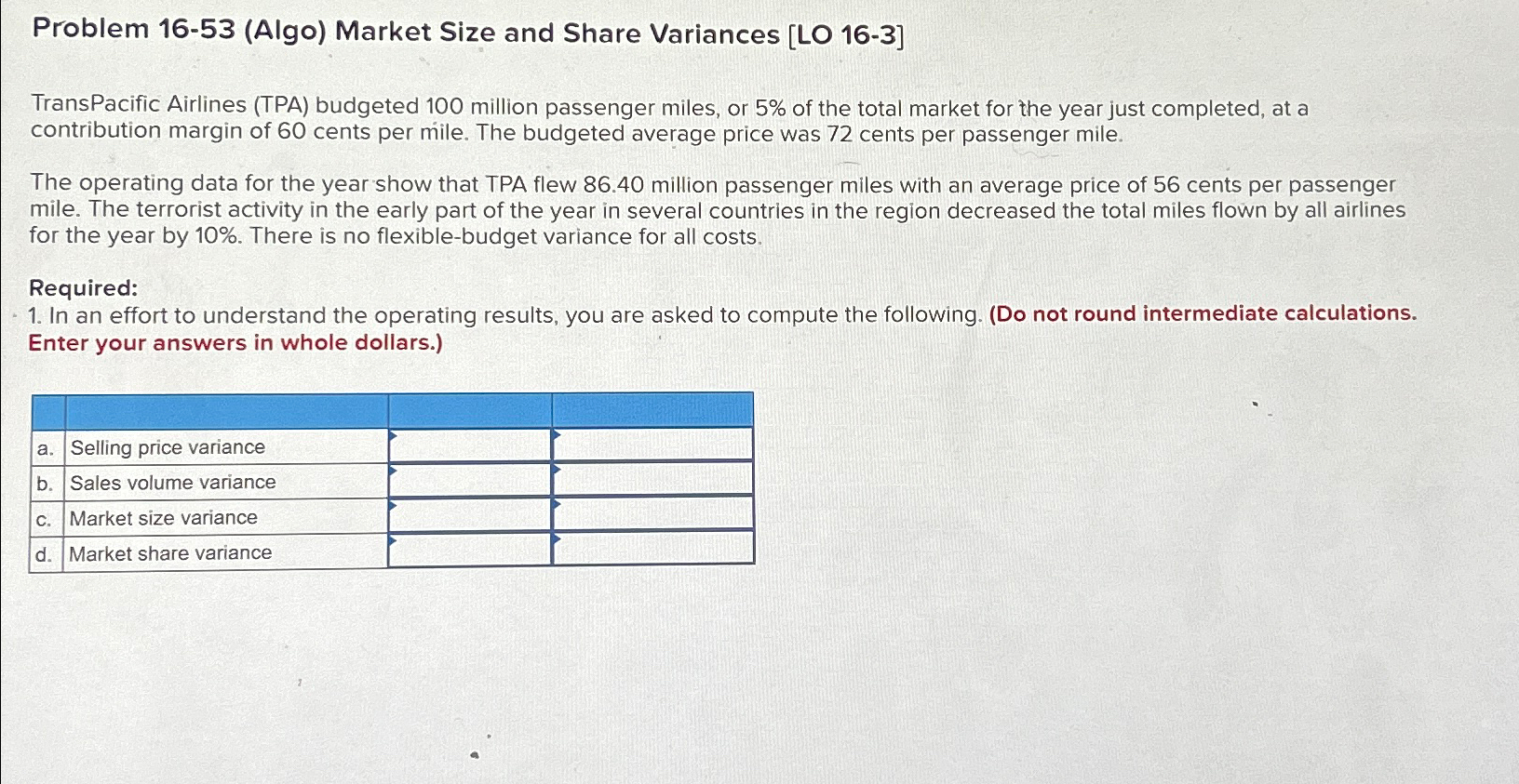 Solved Problem 16-53 (Algo) ﻿Market Size and Share Variances | Chegg.com