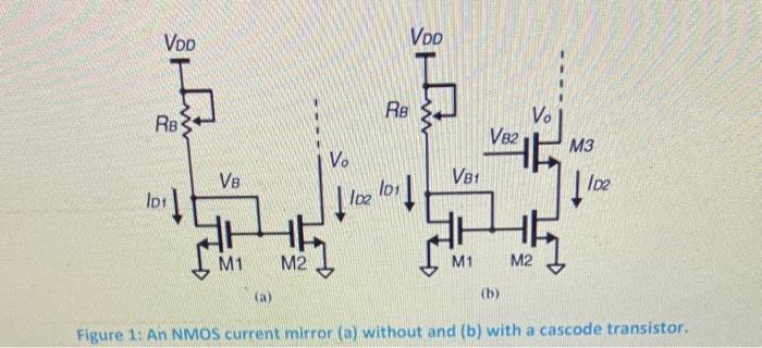 Solved Figure 1: An NMOS current mirror (a) without and (b) | Chegg.com