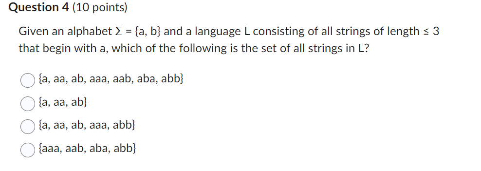 Solved Question 4 (10 ﻿points)Given an alphabet Σ={a,b} ﻿and | Chegg.com